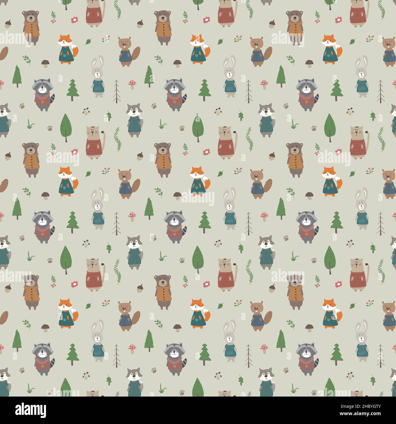 Cute animals Seamless pattern. Cartoon Animals in forest background ...
