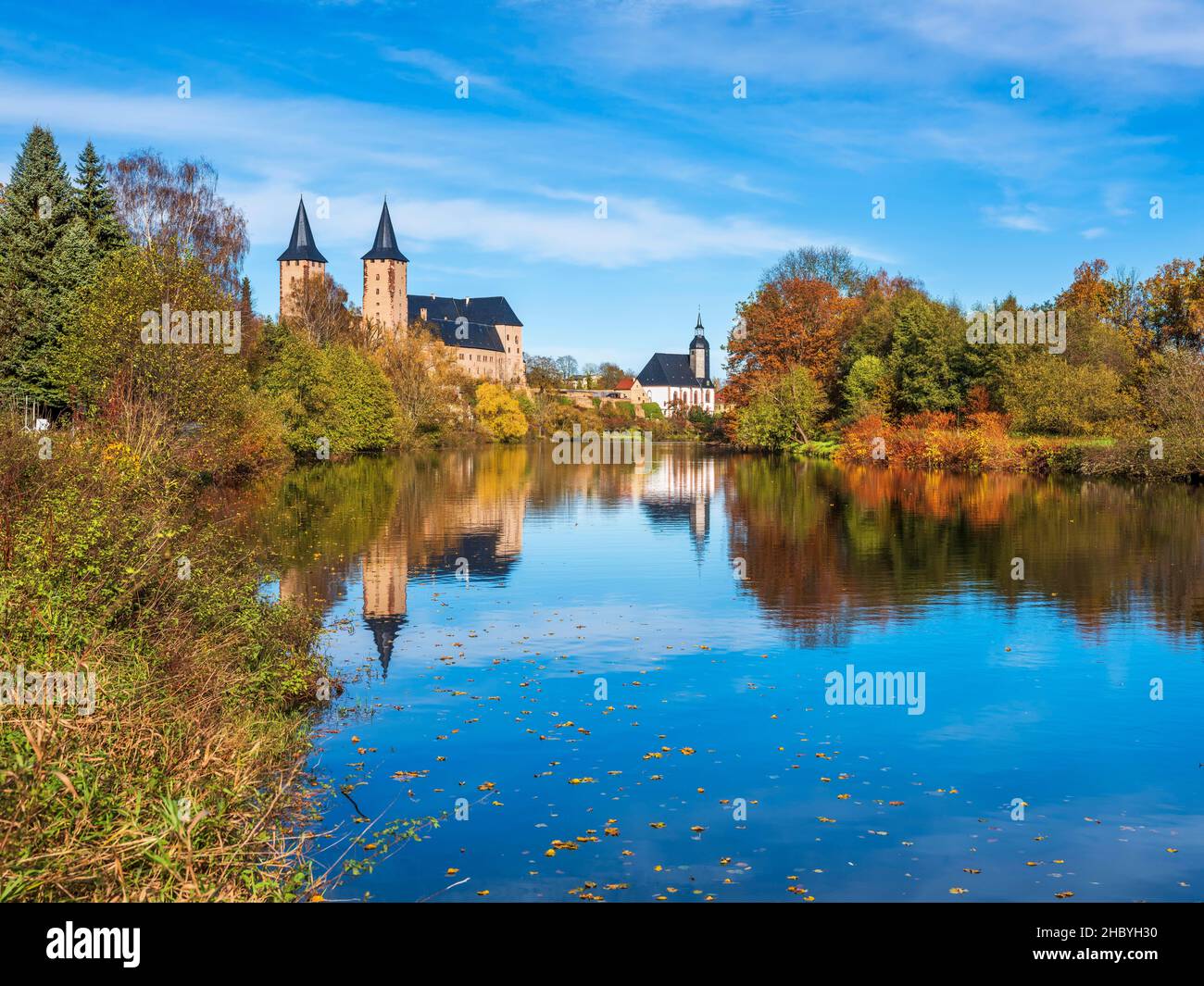 Rochlitz Castle and Petri Church in Autumn, Reflection in the River ...