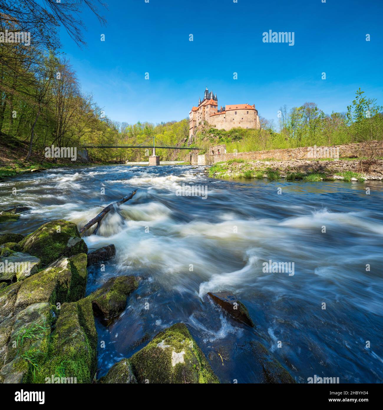 Kriebstein Castle near Mittweida, Zschopau River with rapids ...