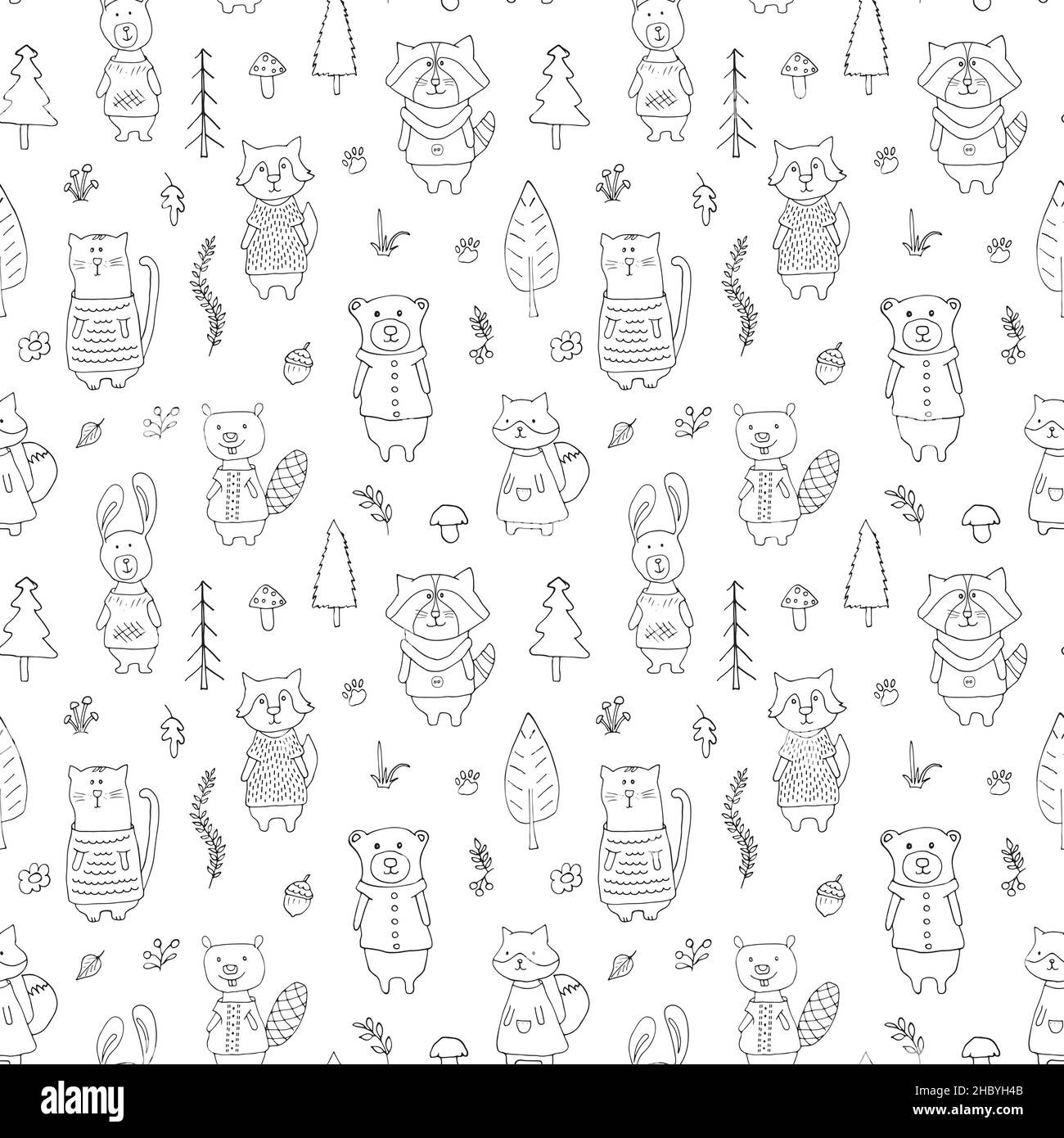 Cute animals Seamless pattern. Cartoon Animals in forest background ...