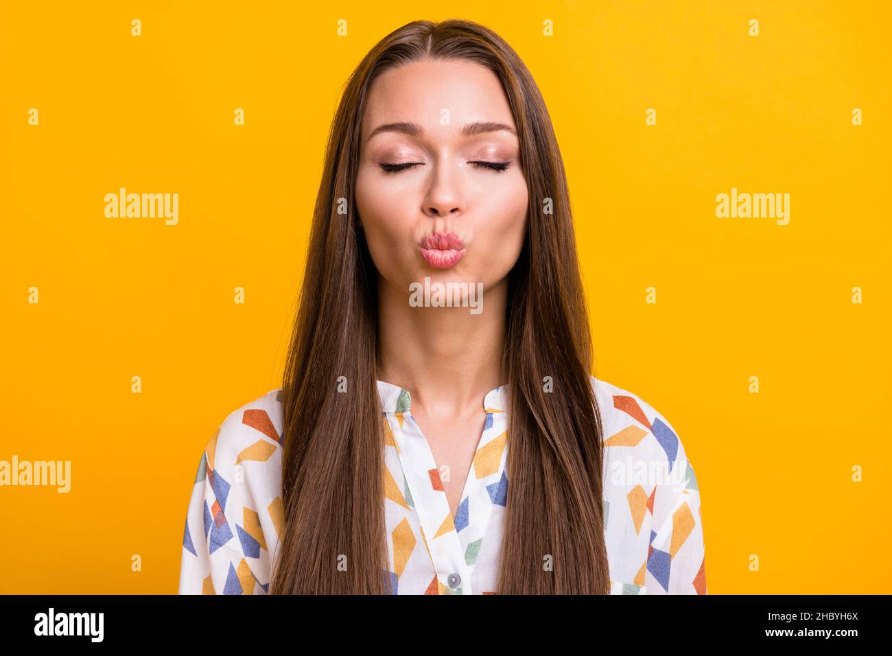 Photo of young attractive girl pouted lips send air kiss pretty nice ...