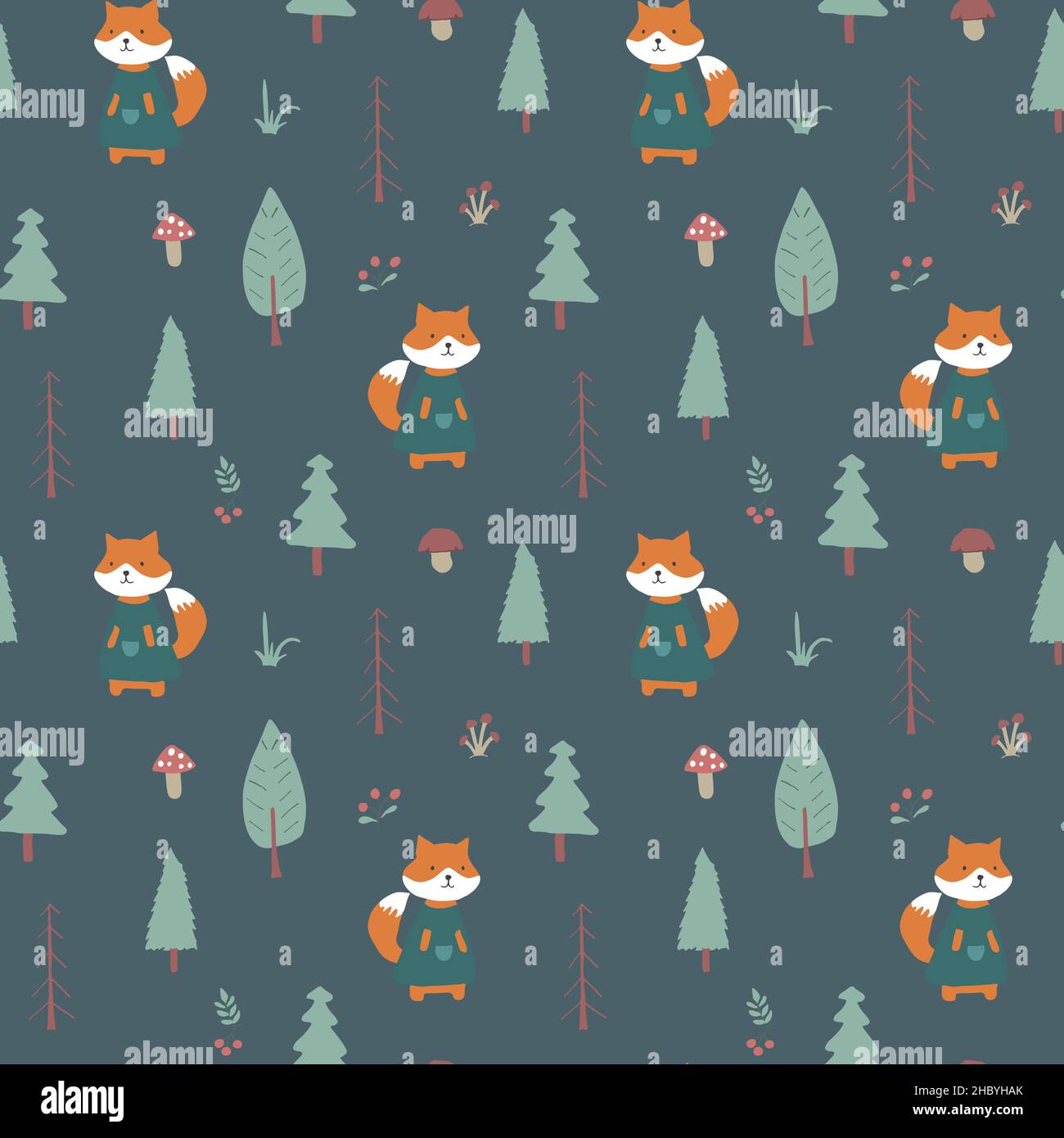 Cute Fox Seamless pattern. Cartoon Animals in forest background. Vector ...