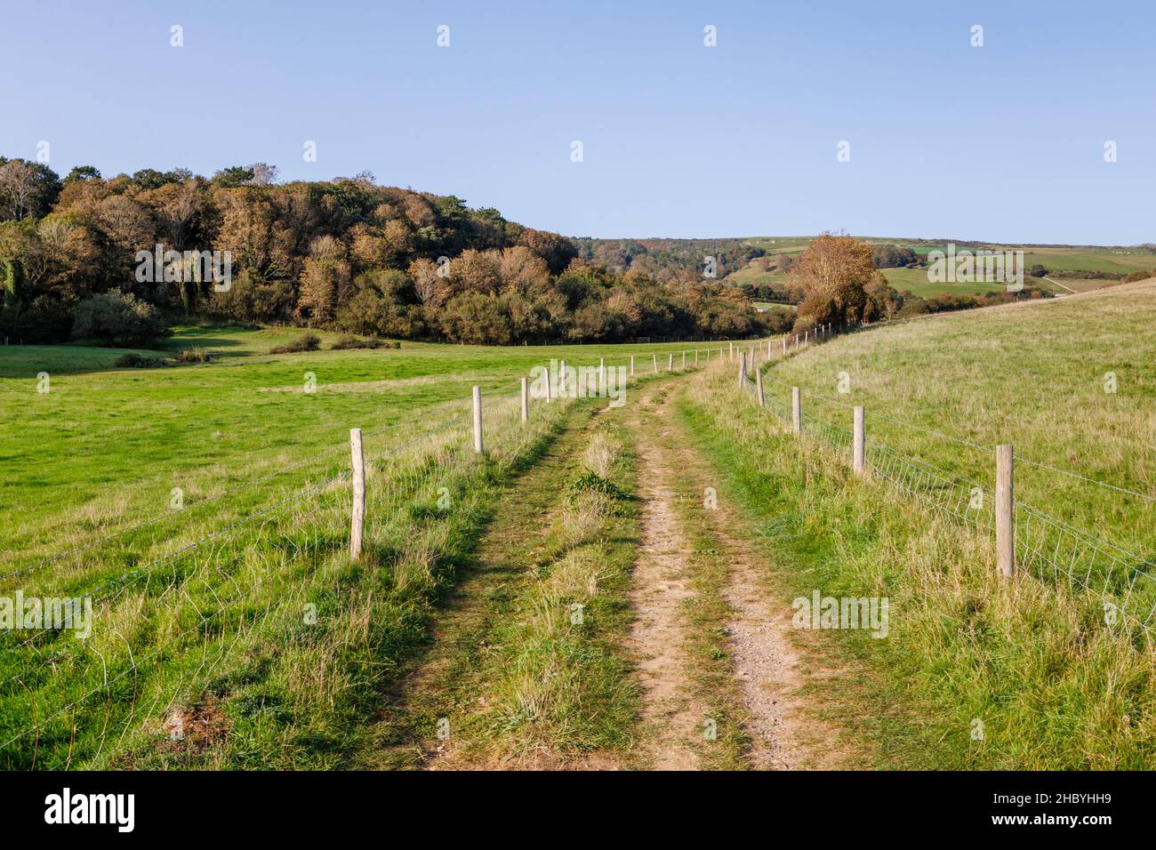 A farm track running through fields and rolling countryside on the ...