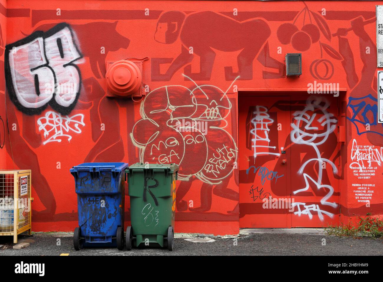 Graffiti and garbage cans, mural, Montreal, Quebec province, Canada ...