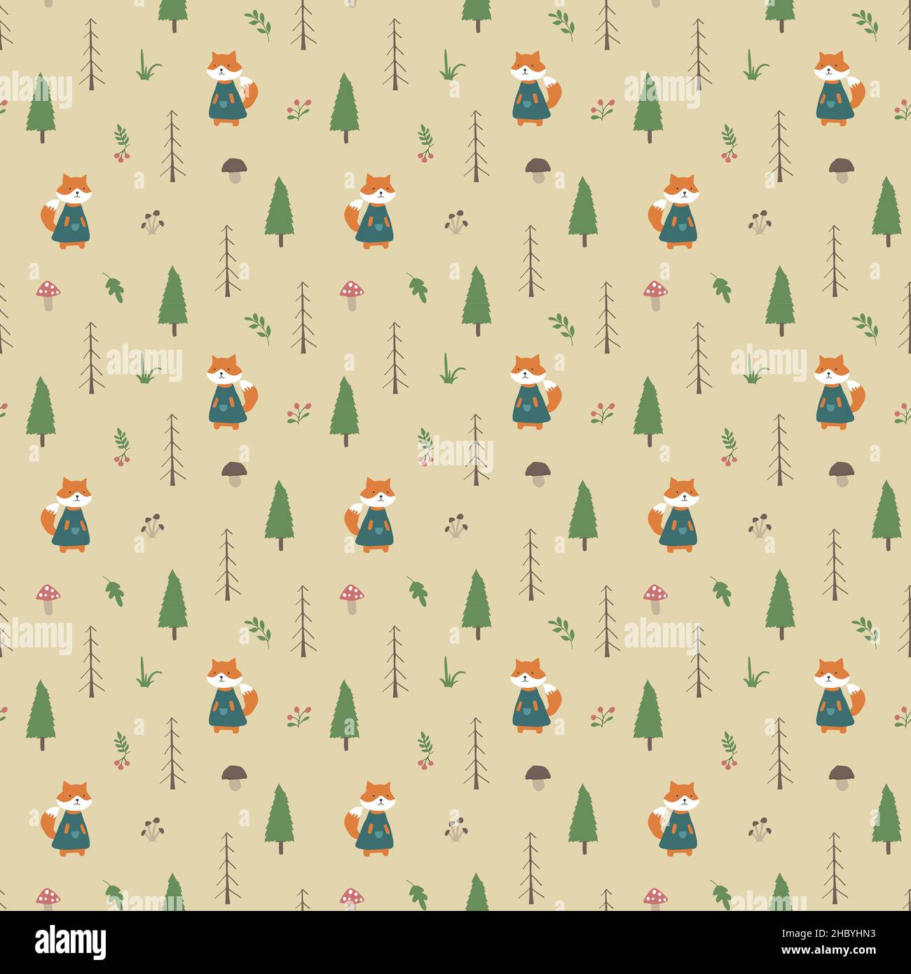 Cute Fox Seamless pattern. Cartoon Animals in forest background. Vector ...