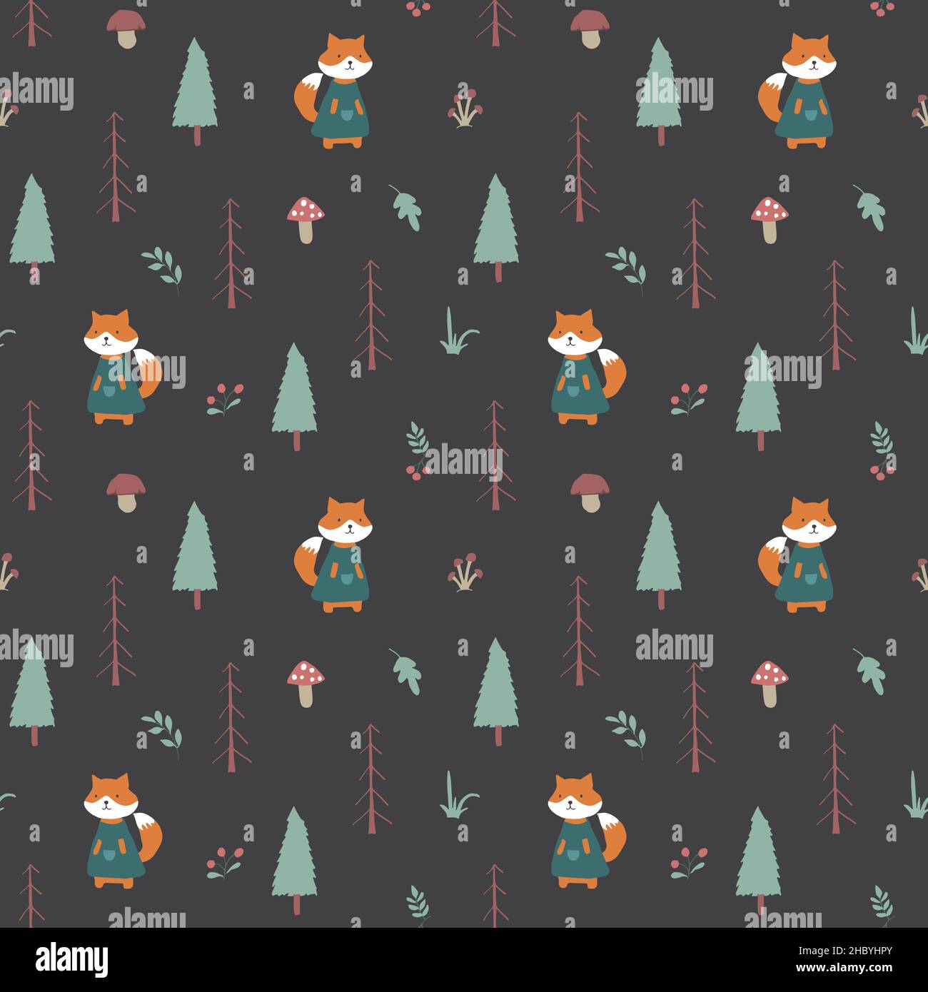 Cute Fox Seamless pattern. Cartoon Animals in forest background. Vector ...
