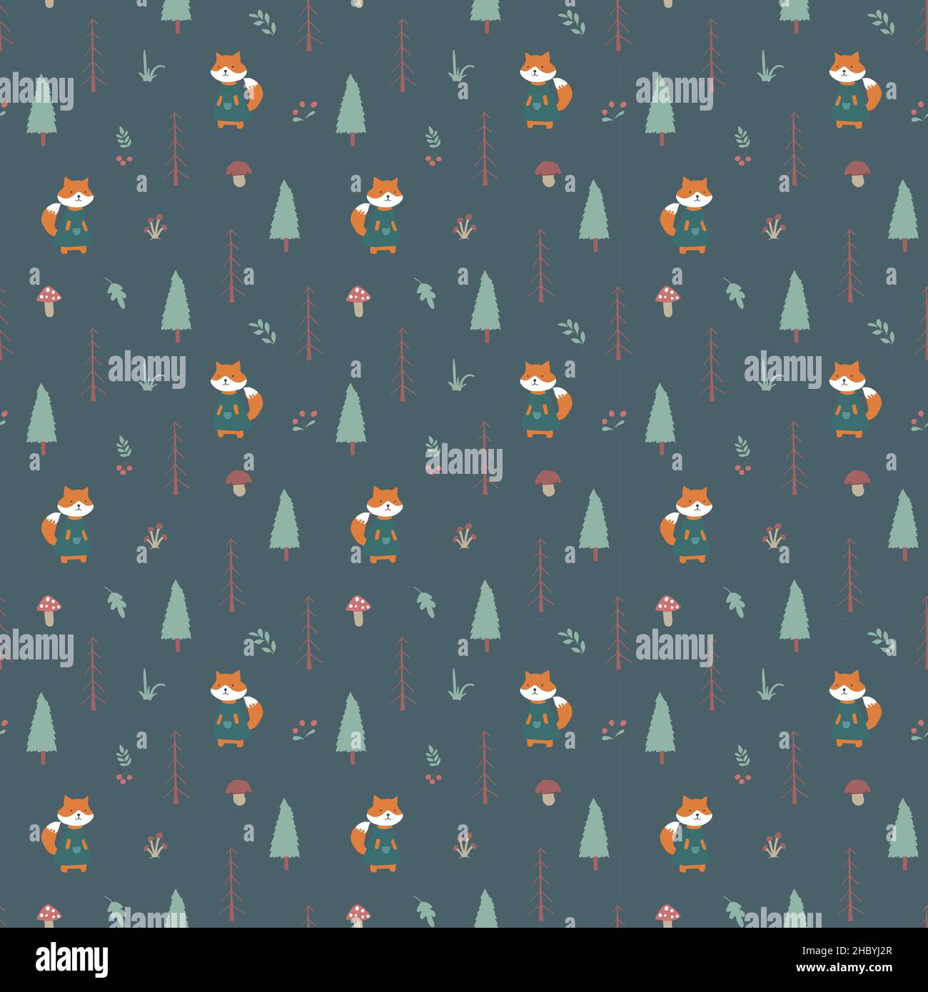Cute Fox Seamless pattern. Cartoon Animals in forest background. Vector ...