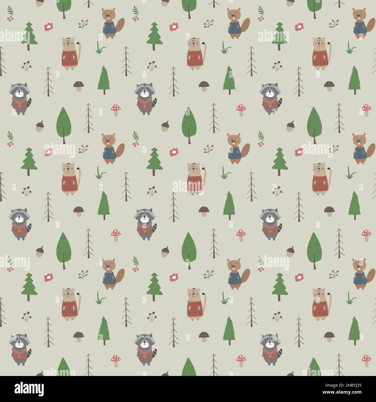 Cute animals Seamless pattern. Cartoon Animals in forest background ...