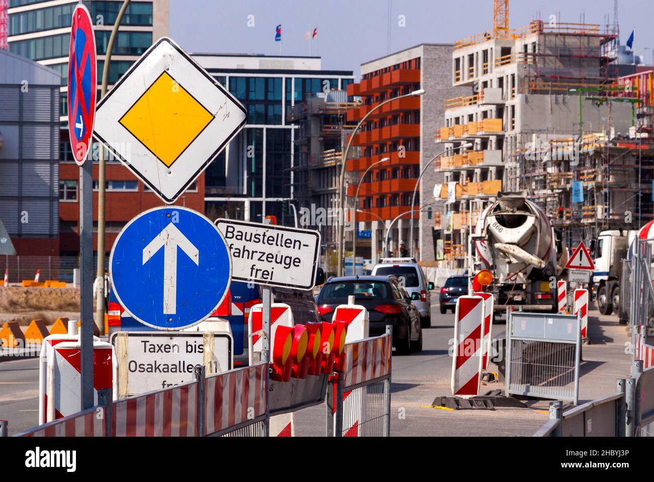 Traffic signs on the road, construction work, sign forest, Hamburg ...