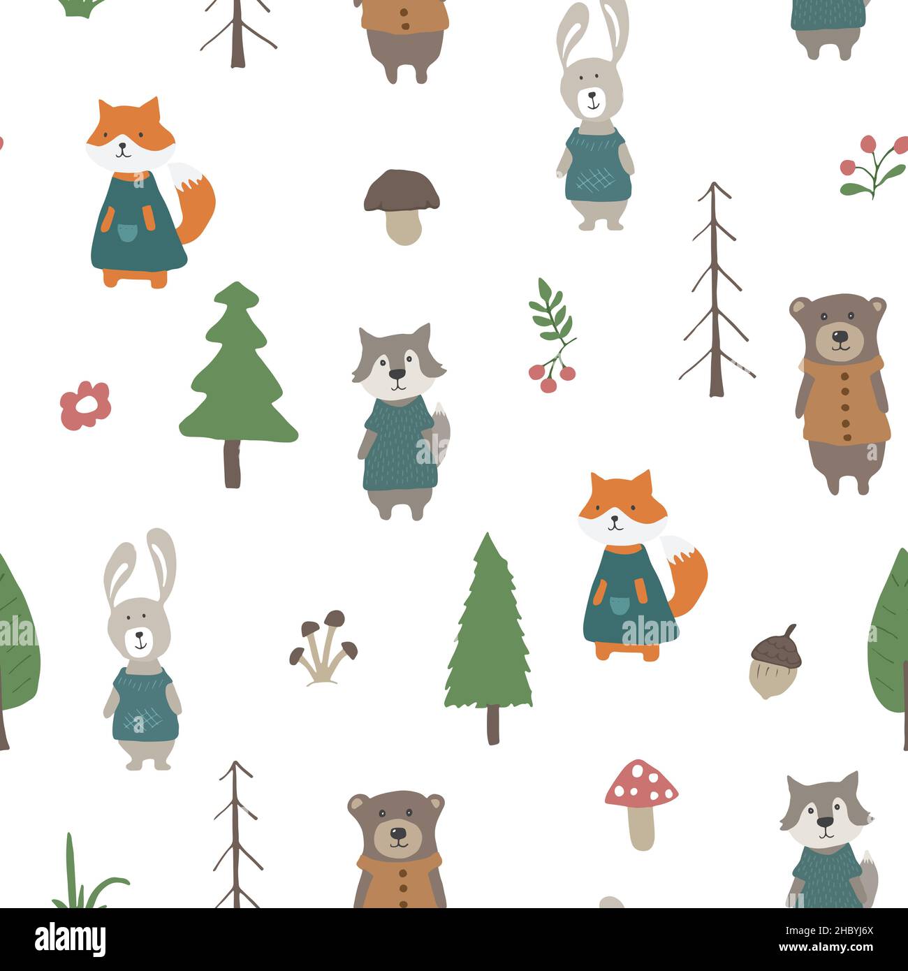 Cute animals Seamless pattern. Cartoon Animals in forest background ...