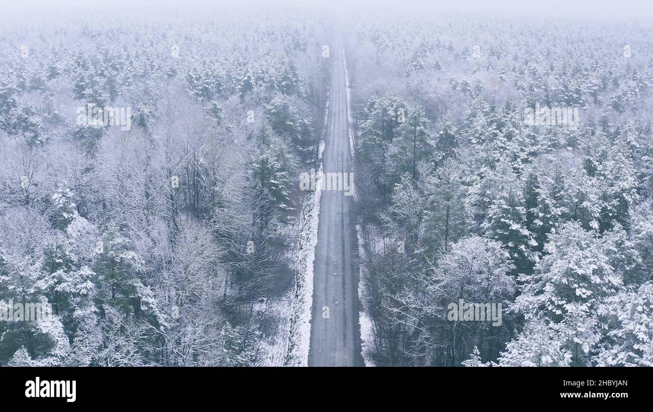 Aerial view road through coniferous forest winter hi-res stock ...