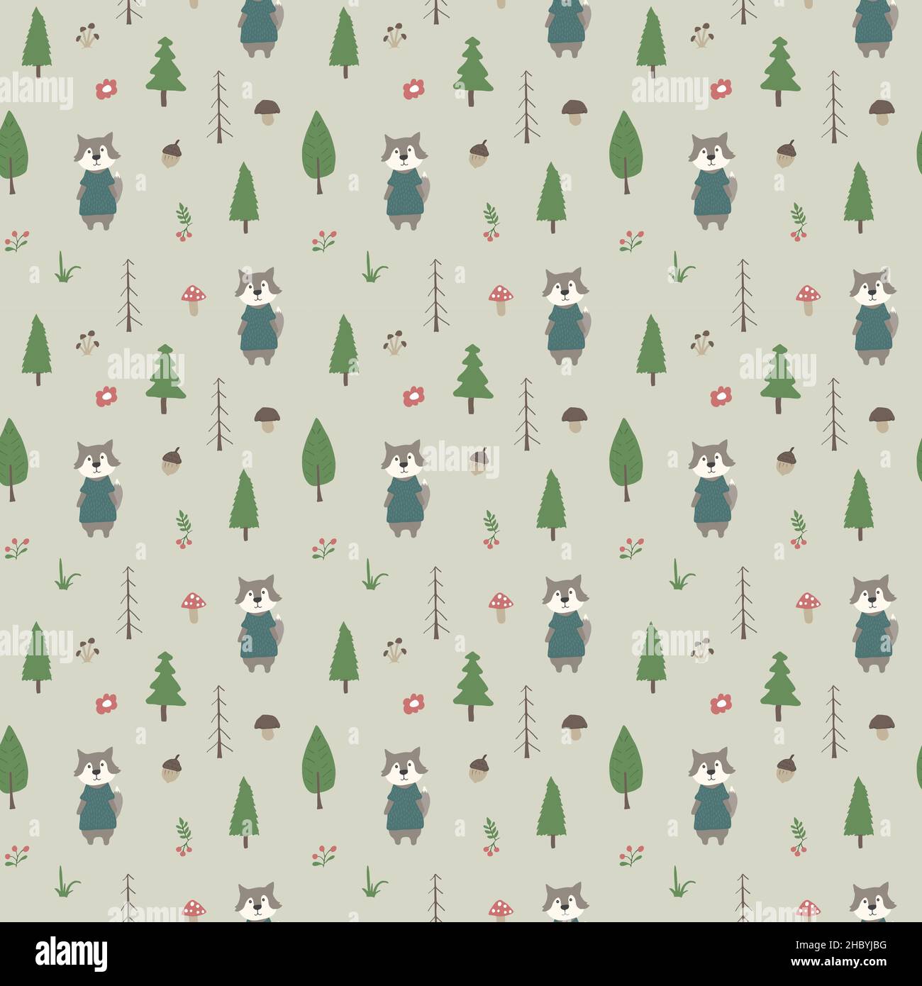 Cute wolf Seamless pattern. Cartoon Animals in forest background ...