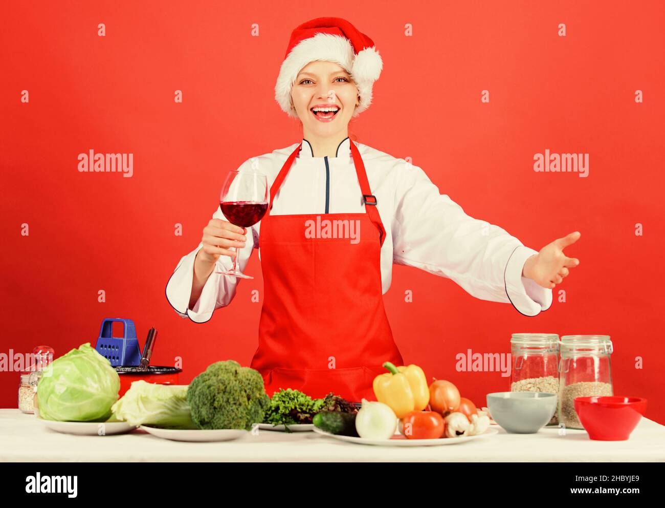Christmas dinner idea. Christmas menu. Woman chef or housewife cooking ...