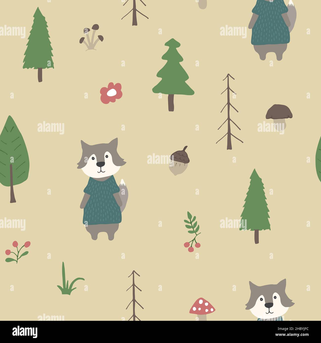 Cute wolf Seamless pattern. Cartoon Animals in forest background ...