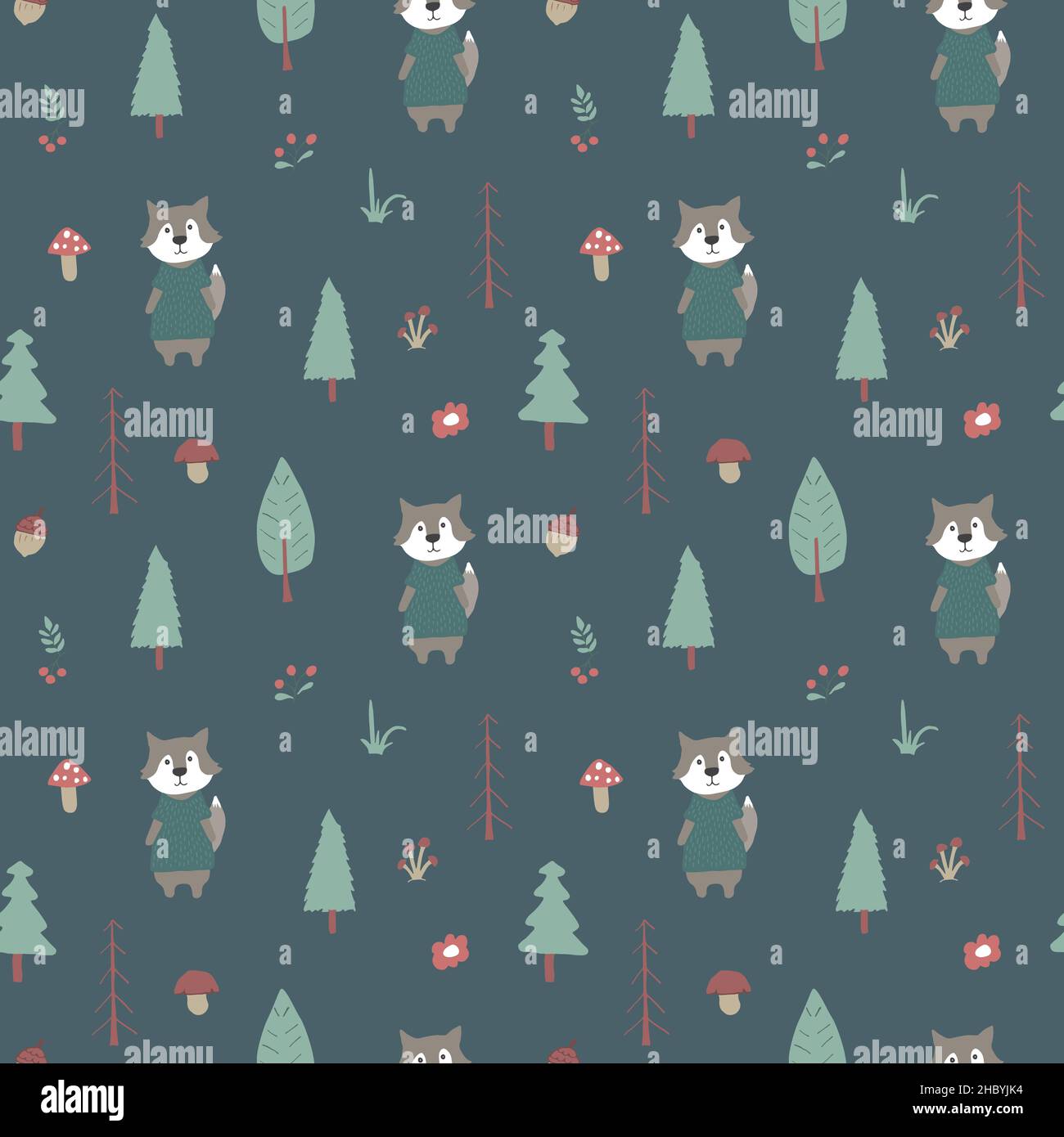 Cute wolf Seamless pattern. Cartoon Animals in forest background ...
