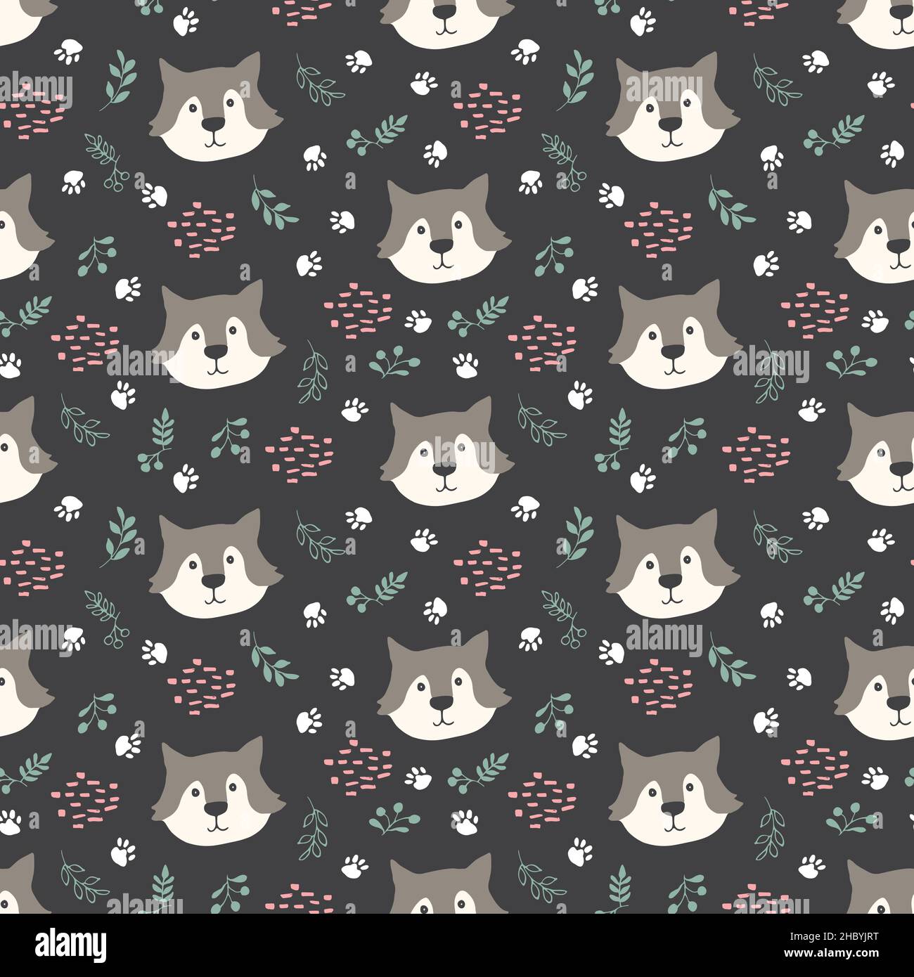 Cute wolf Seamless pattern. Cartoon Animals in forest background ...