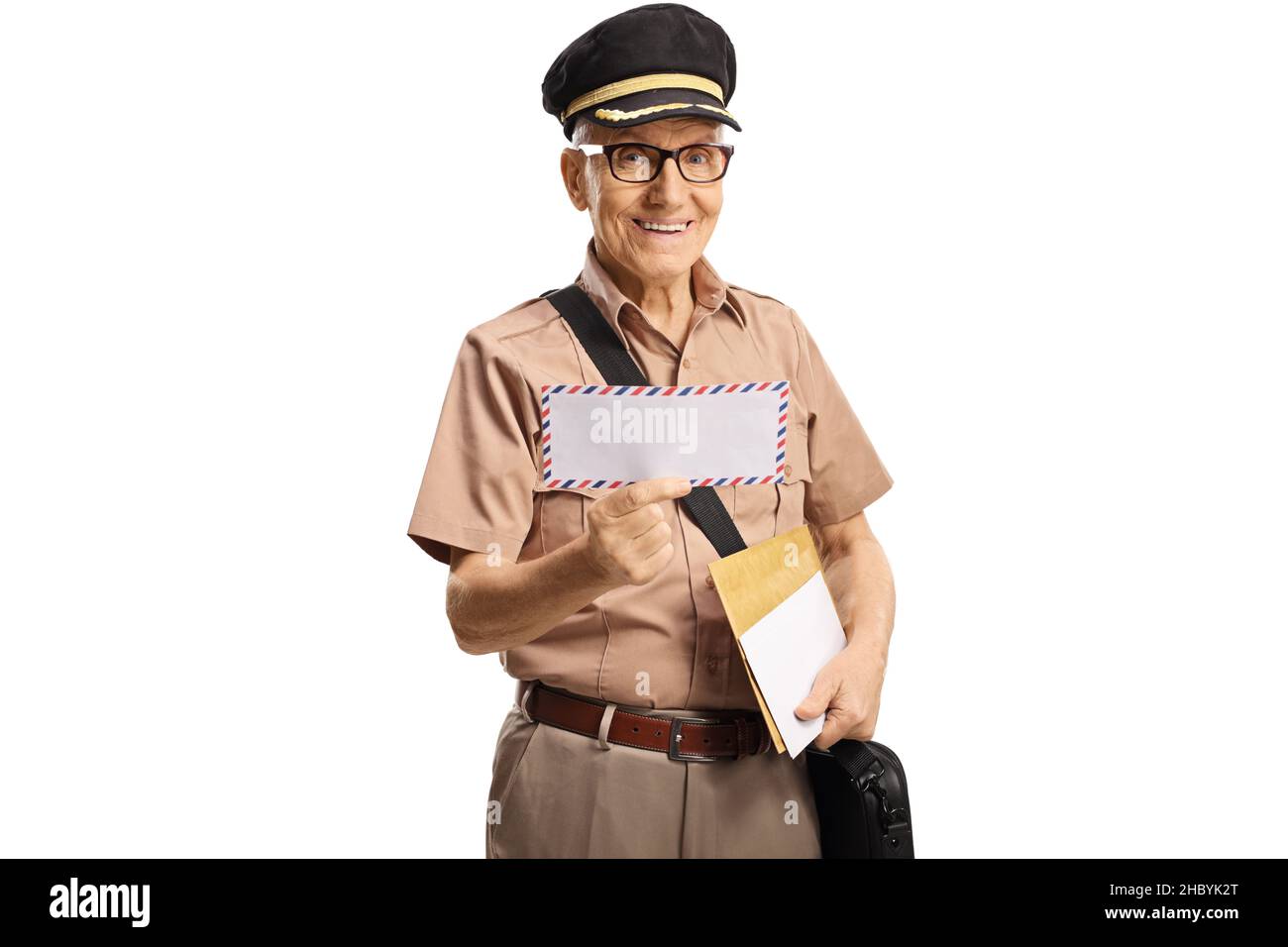 Mature postman in a uniform holding a letter and smiling isolated on ...