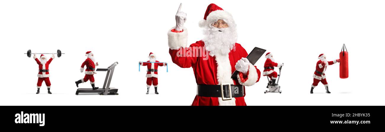 Santa claus pointing up and standing in front of other santa clauses ...