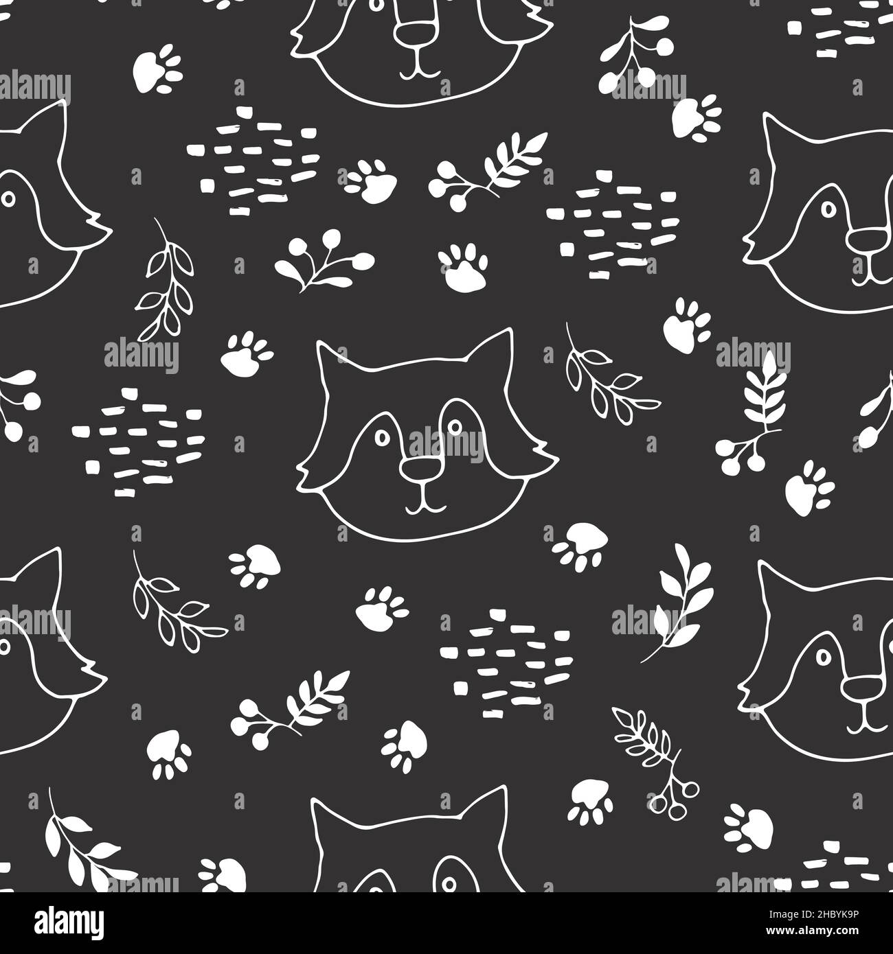 Cute wolf Seamless pattern. Cartoon Animals in forest background ...