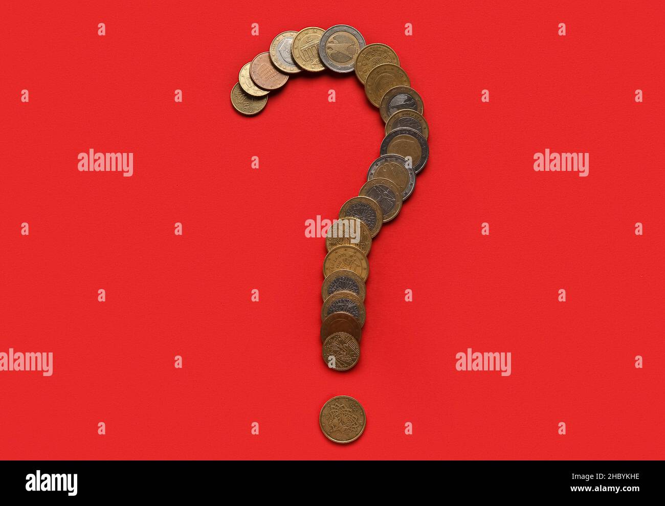 Question mark made of golden coins on red background Stock Photo - Alamy