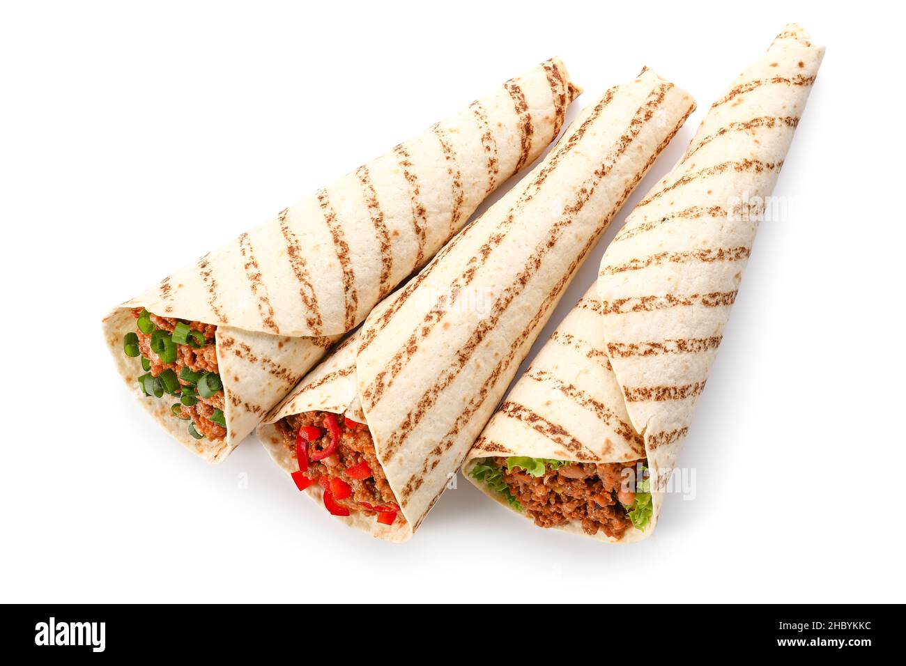 Different tasty burritos on white background Stock Photo - Alamy