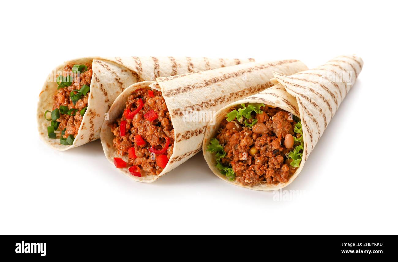 Different tasty burritos on white background Stock Photo - Alamy