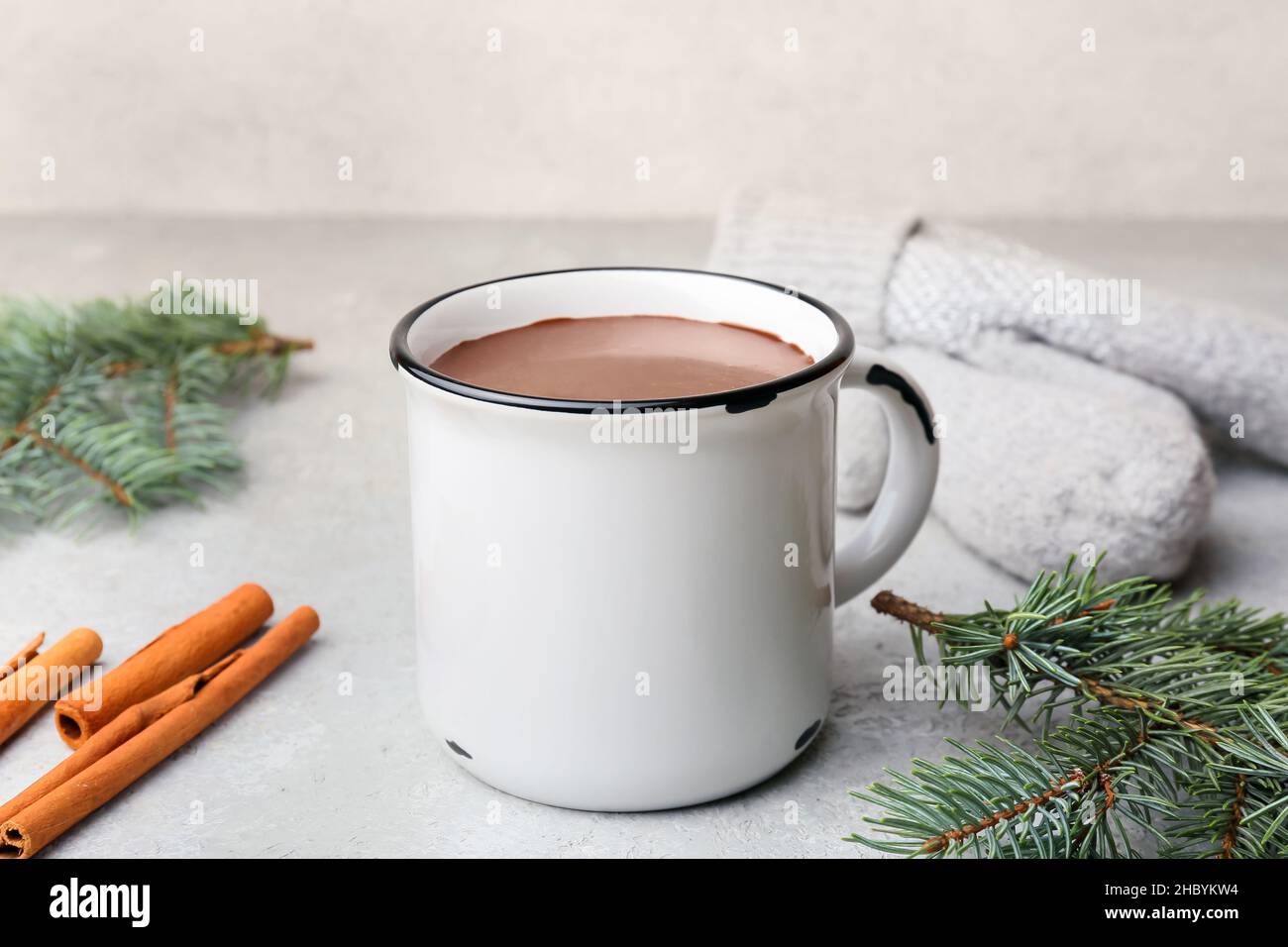 Cup of natural hot chocolate on light background Stock Photo - Alamy