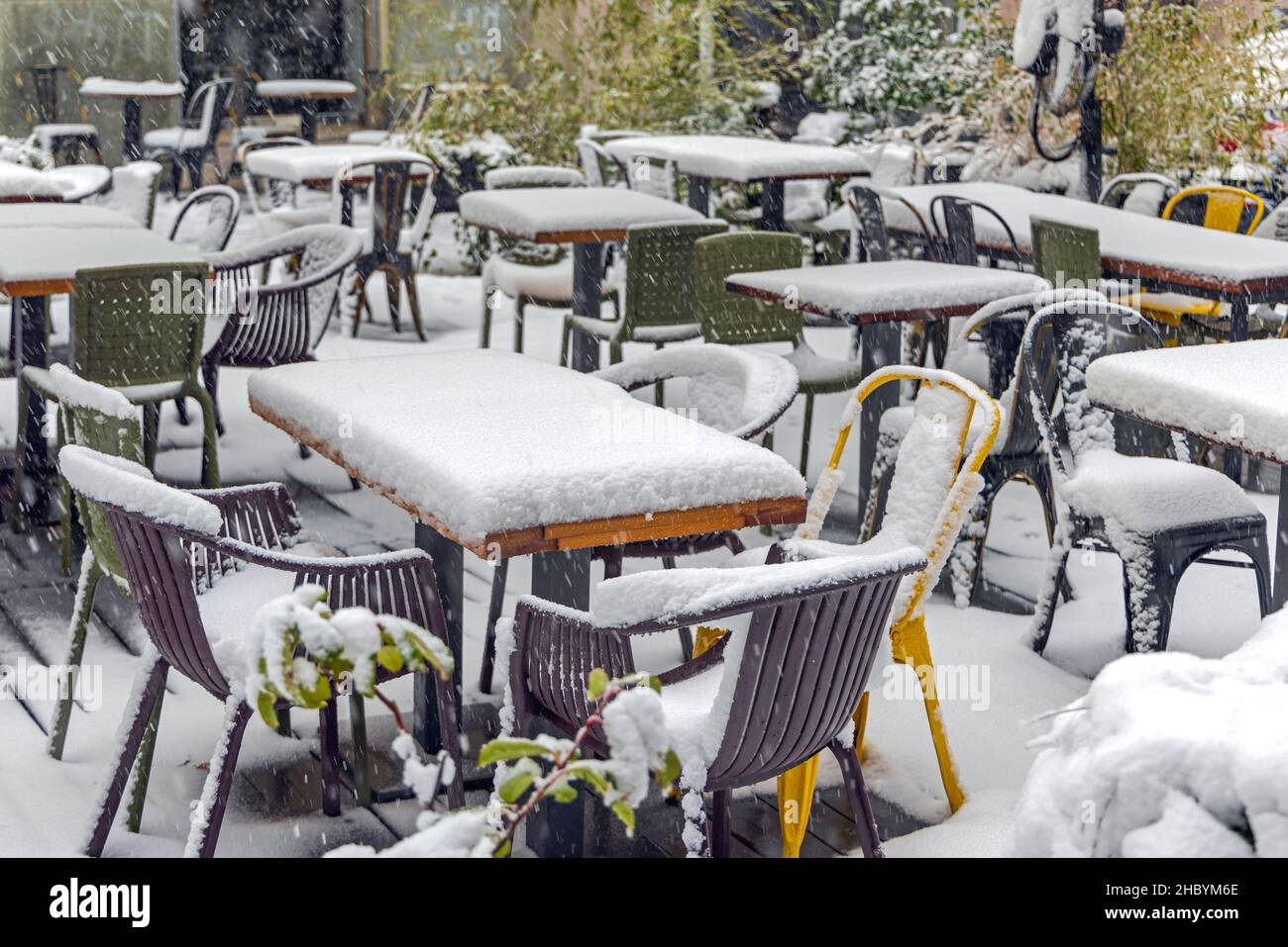 Outdoor Restaurant Terrace Covered With Fresh Snow Winter Weather Stock ...