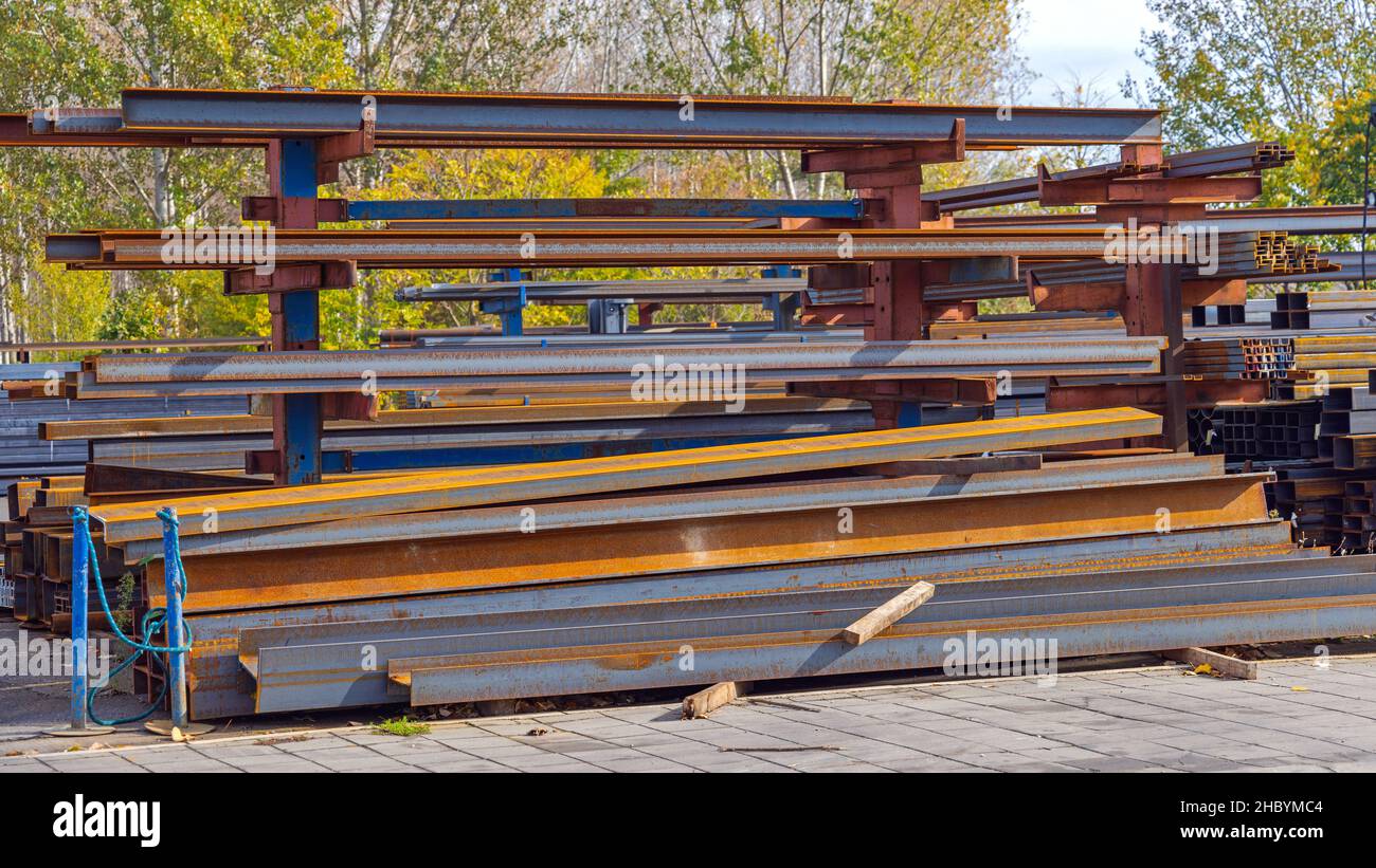 Long Steel Beams Metal Warehouse Outside Storage Stock Photo - Alamy