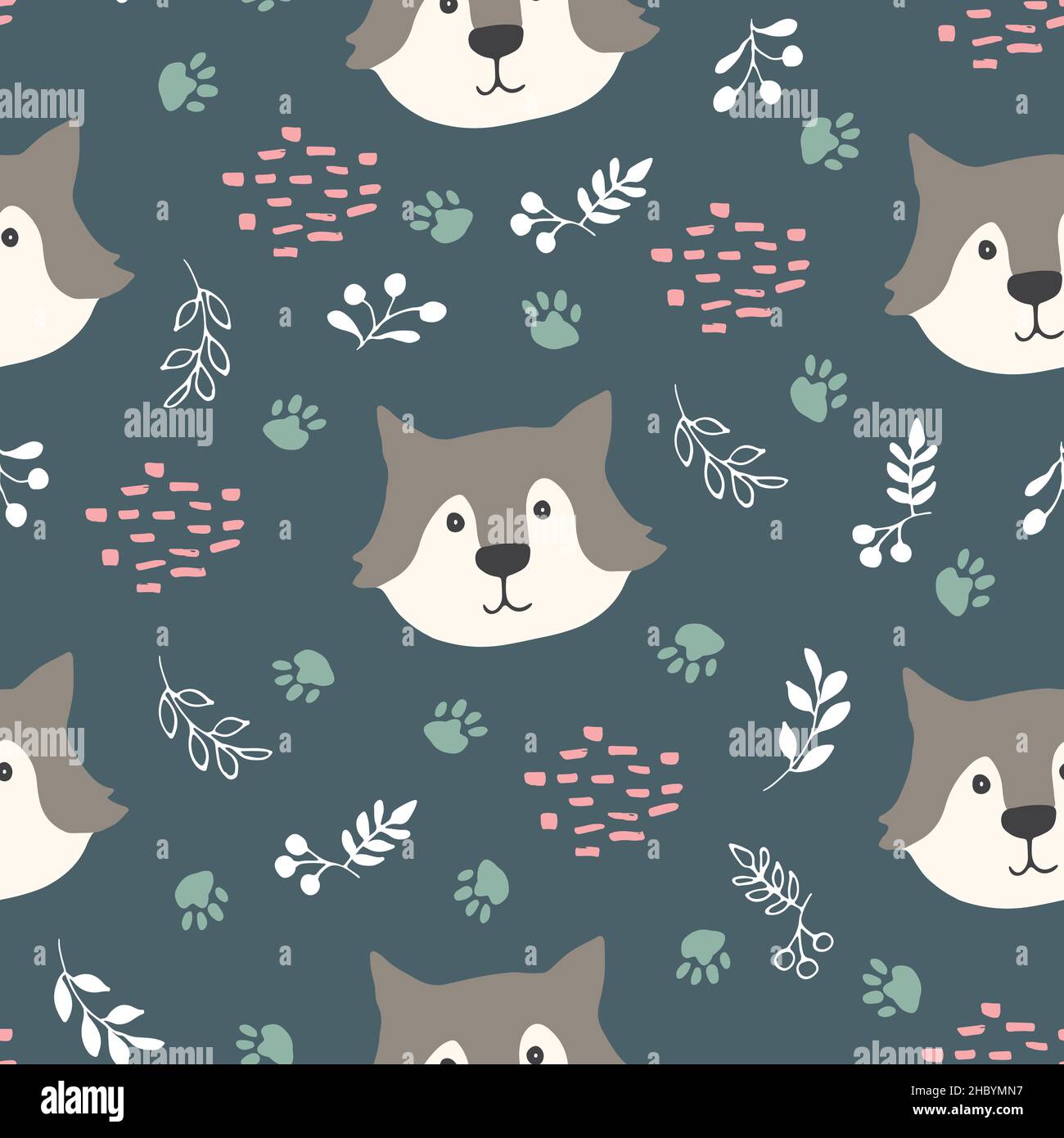 Cute wolf Seamless pattern. Cartoon Animals in forest background ...