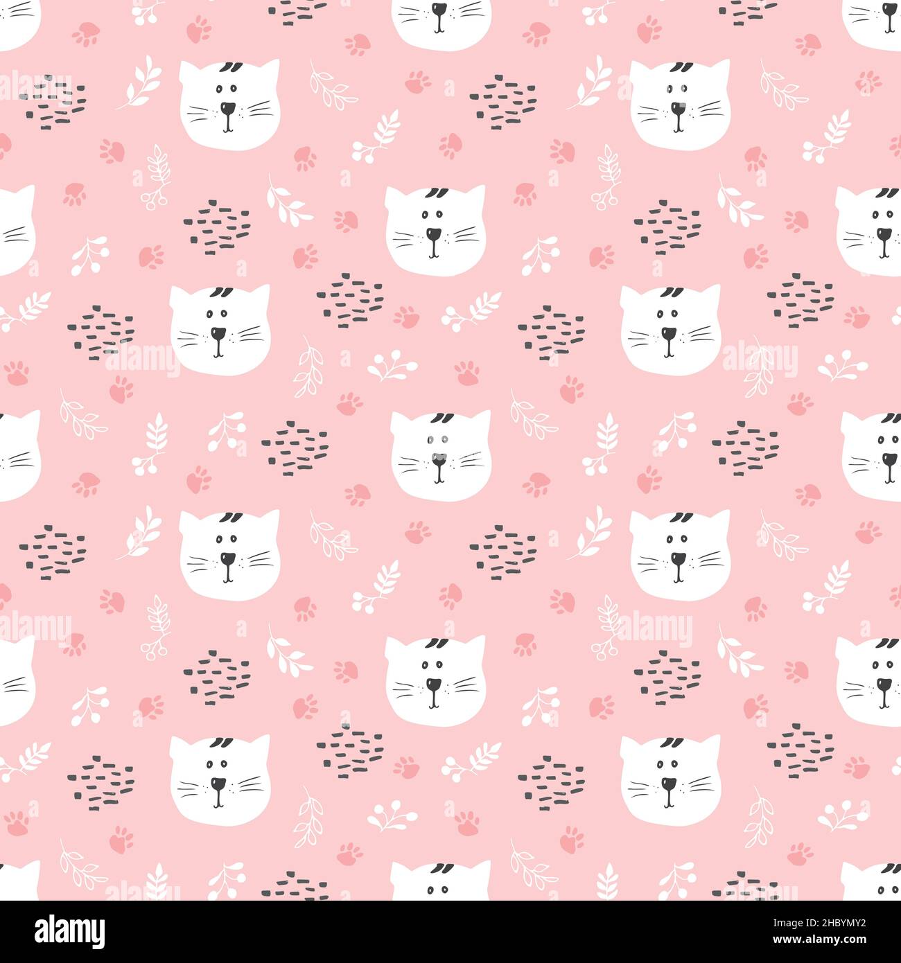 Cute Cat Seamless pattern. Cartoon Animals in forest background. Vector ...