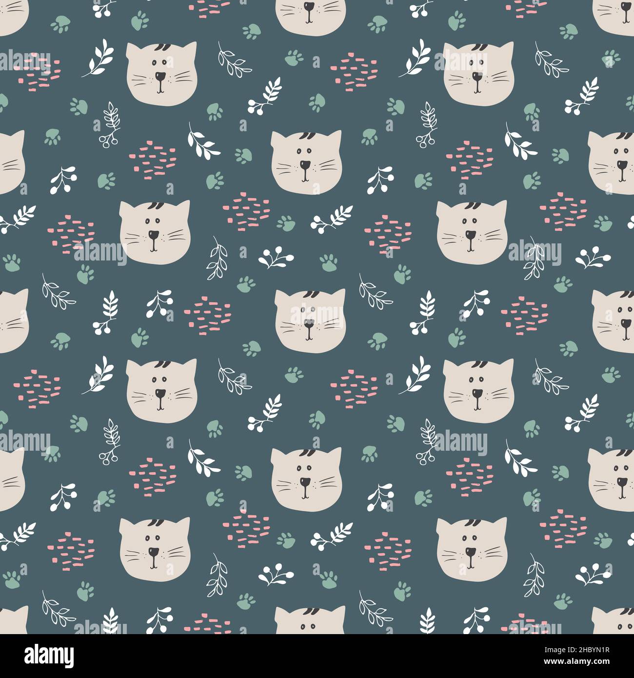 Cute Cat Seamless pattern. Cartoon Animals in forest background. Vector ...