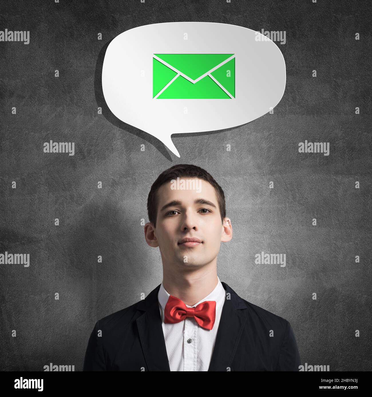 Guy and thinking balloon on concrete wall Stock Photo - Alamy