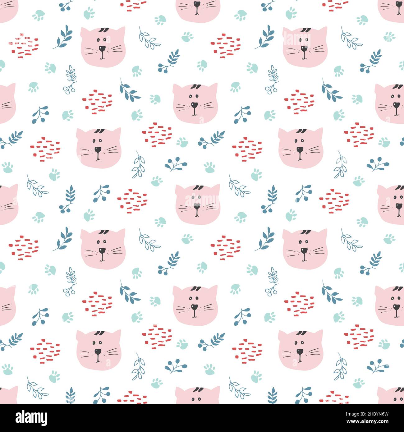 Cute Cat Seamless pattern. Cartoon Animals in forest background. Vector ...