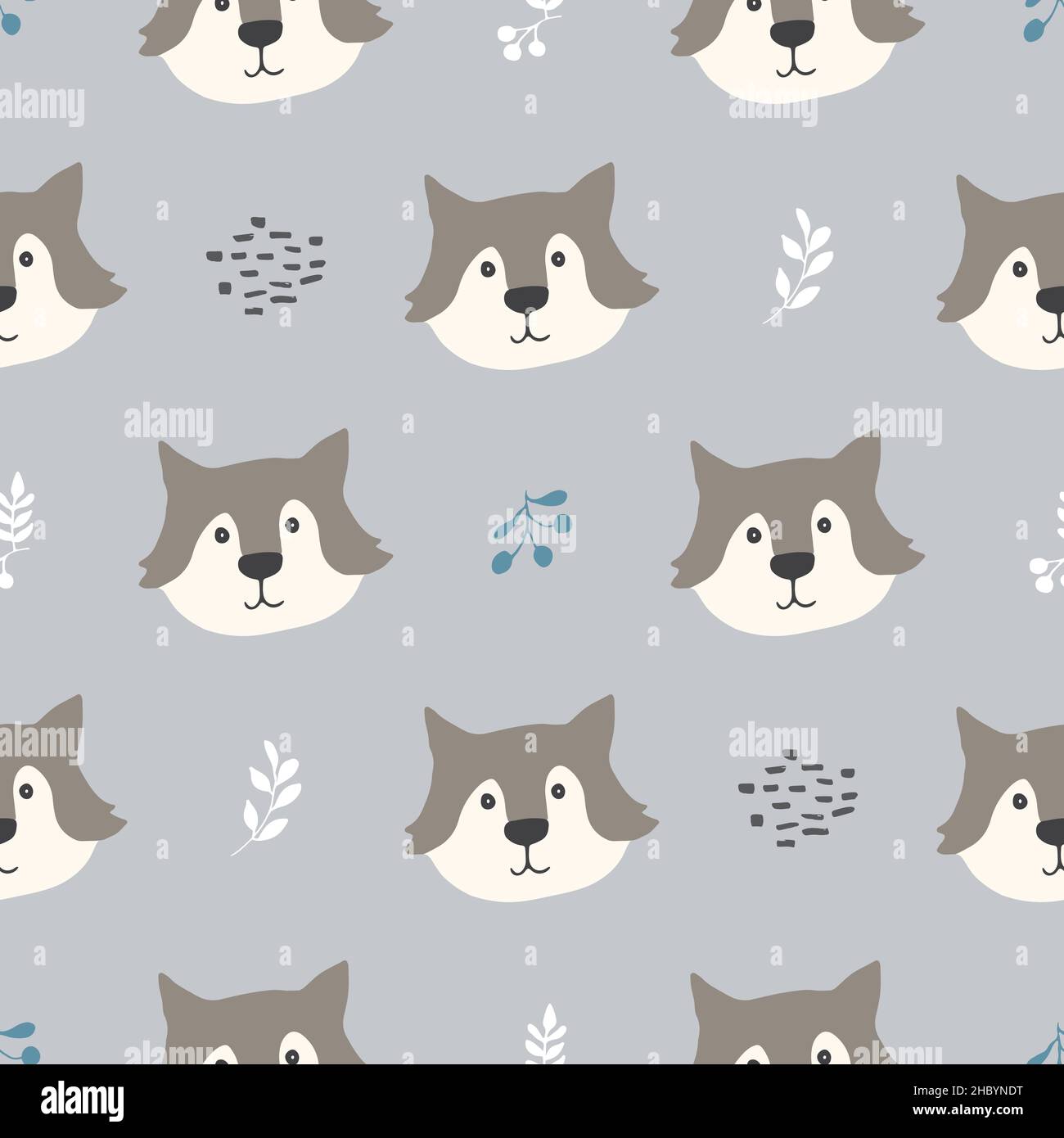 Cute wolf Seamless pattern. Cartoon Animals in forest background ...