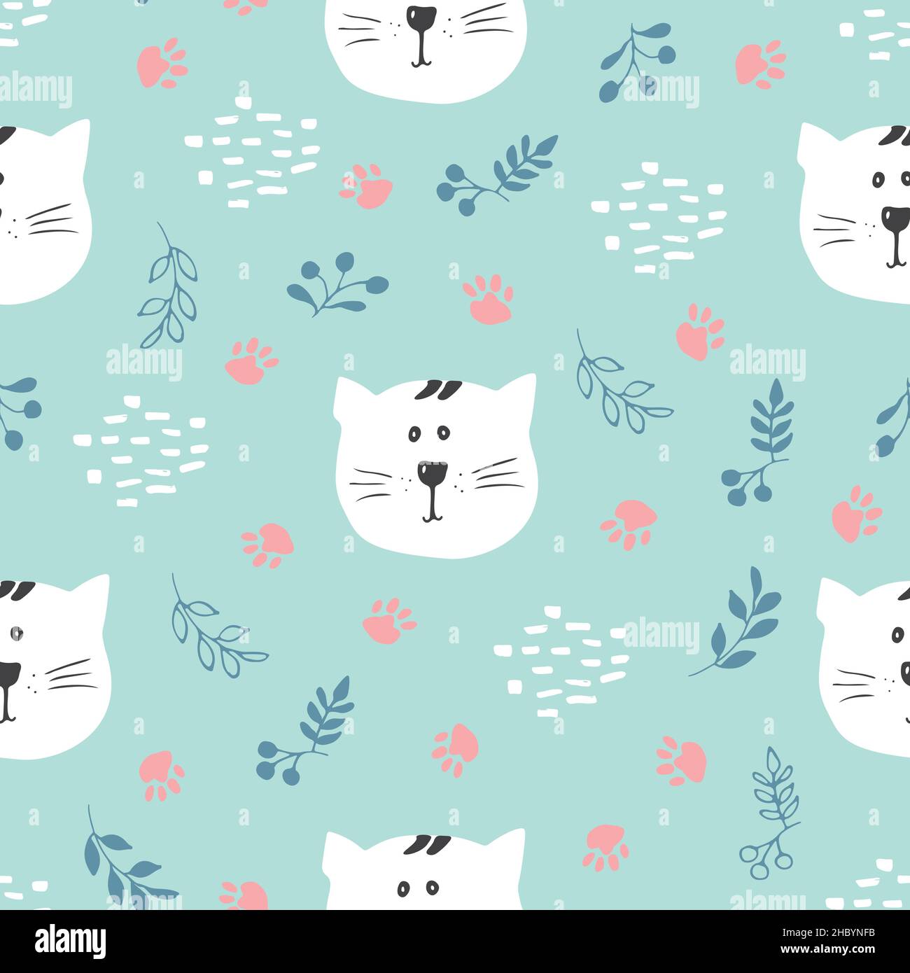 Cute Cat Seamless pattern. Cartoon Animals in forest background. Vector ...