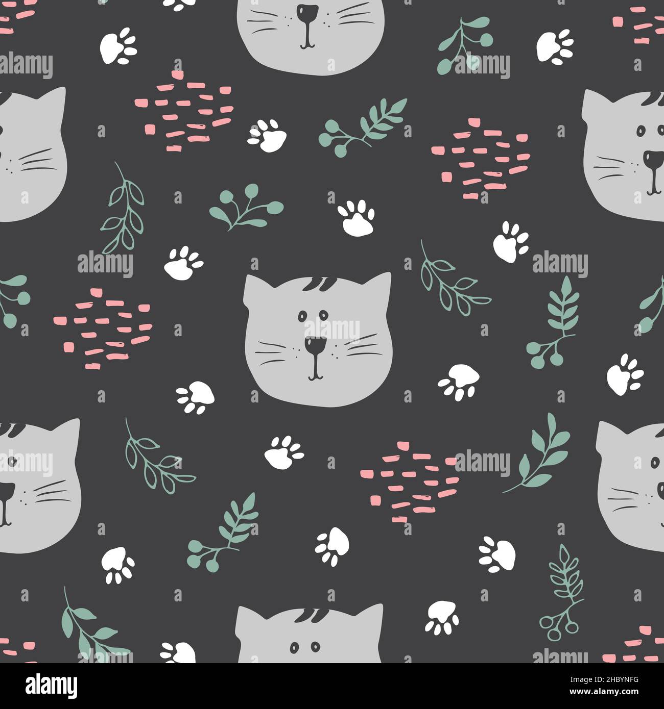 Cute Cat Seamless pattern. Cartoon Animals in forest background. Vector ...