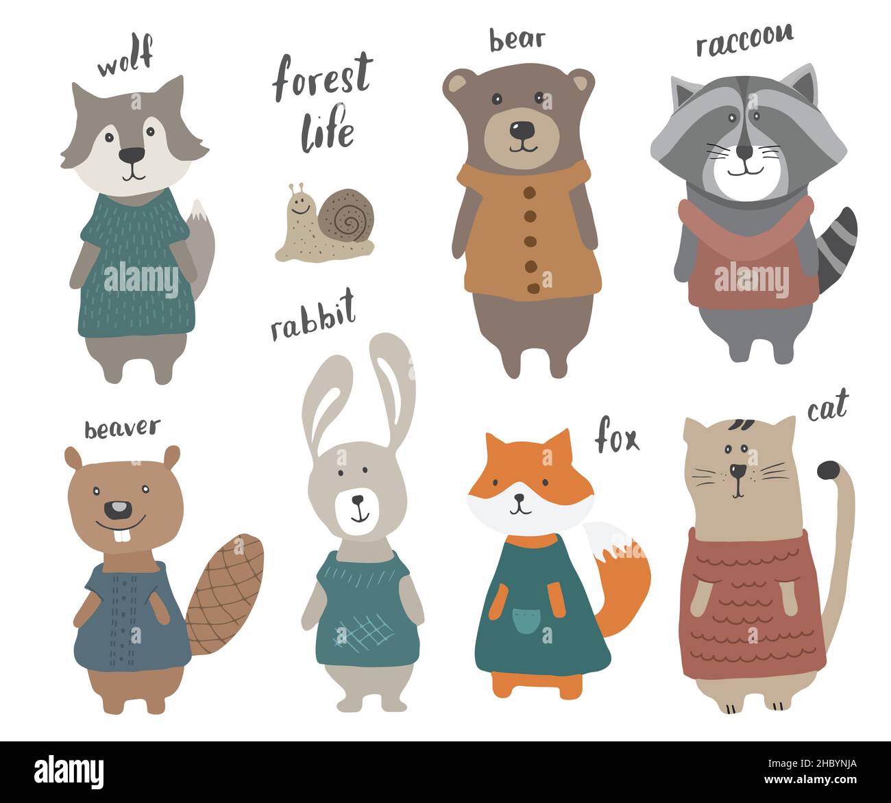 Cute Animals in clothes. Cartoon forest wildlife animals collection ...