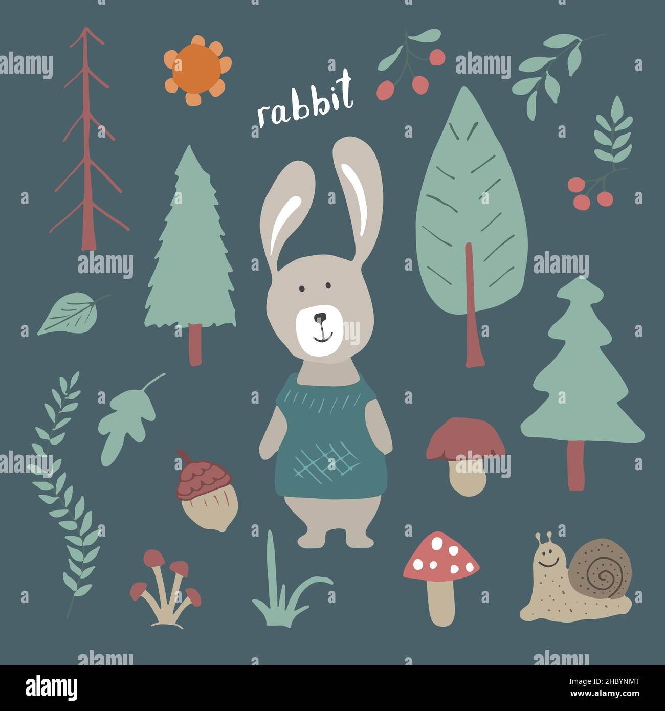 Cute Rabbit in forest. Cartoon Animal in Woodland with trees and plants ...