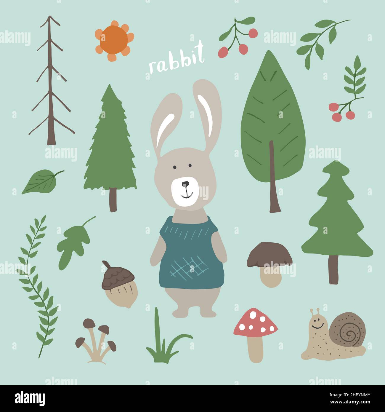 Cute Rabbit in forest. Cartoon Animal in Woodland with trees and plants ...
