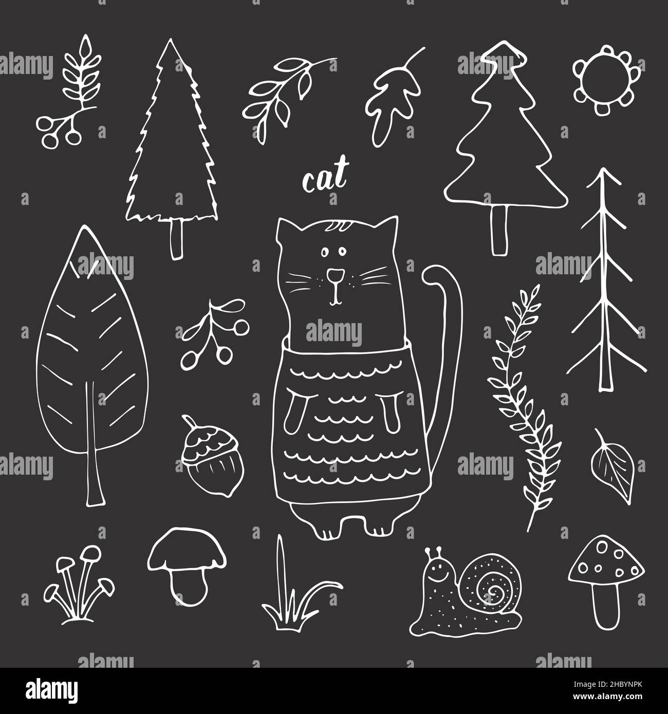 Cute Cat in forest. Cartoon Animal in Woodland with trees and plants ...