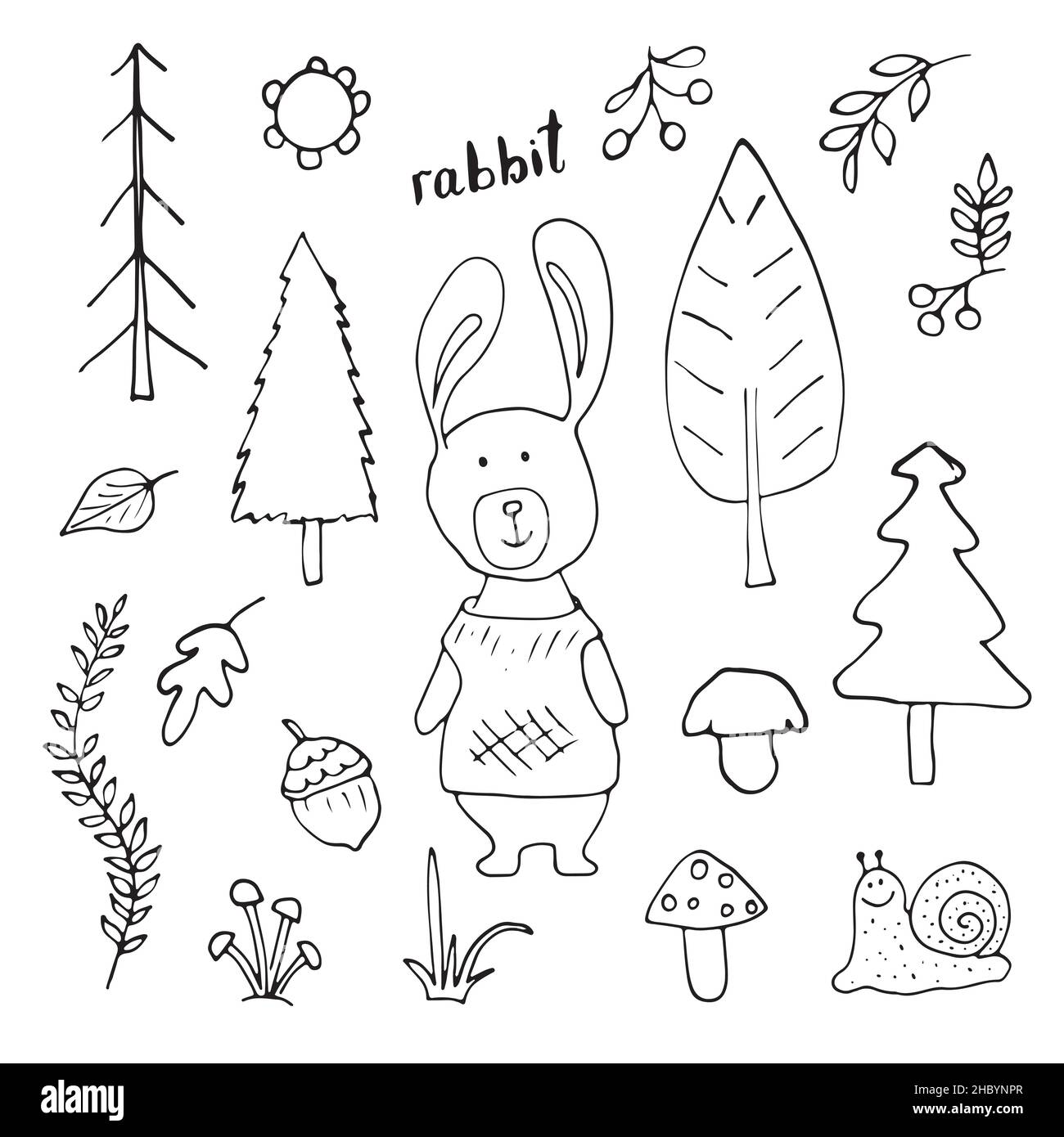 Cute Rabbit in forest. Cartoon Animal in Woodland with trees and plants ...