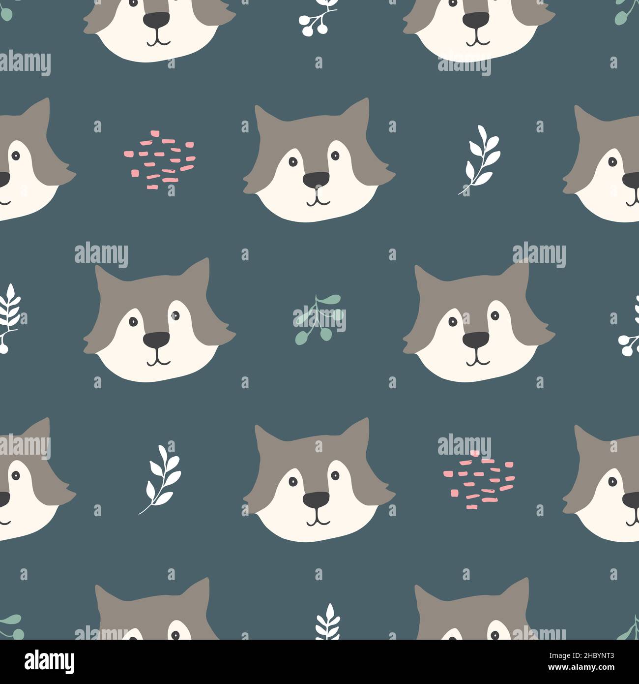 Cute wolf Seamless pattern. Cartoon Animals in forest background ...