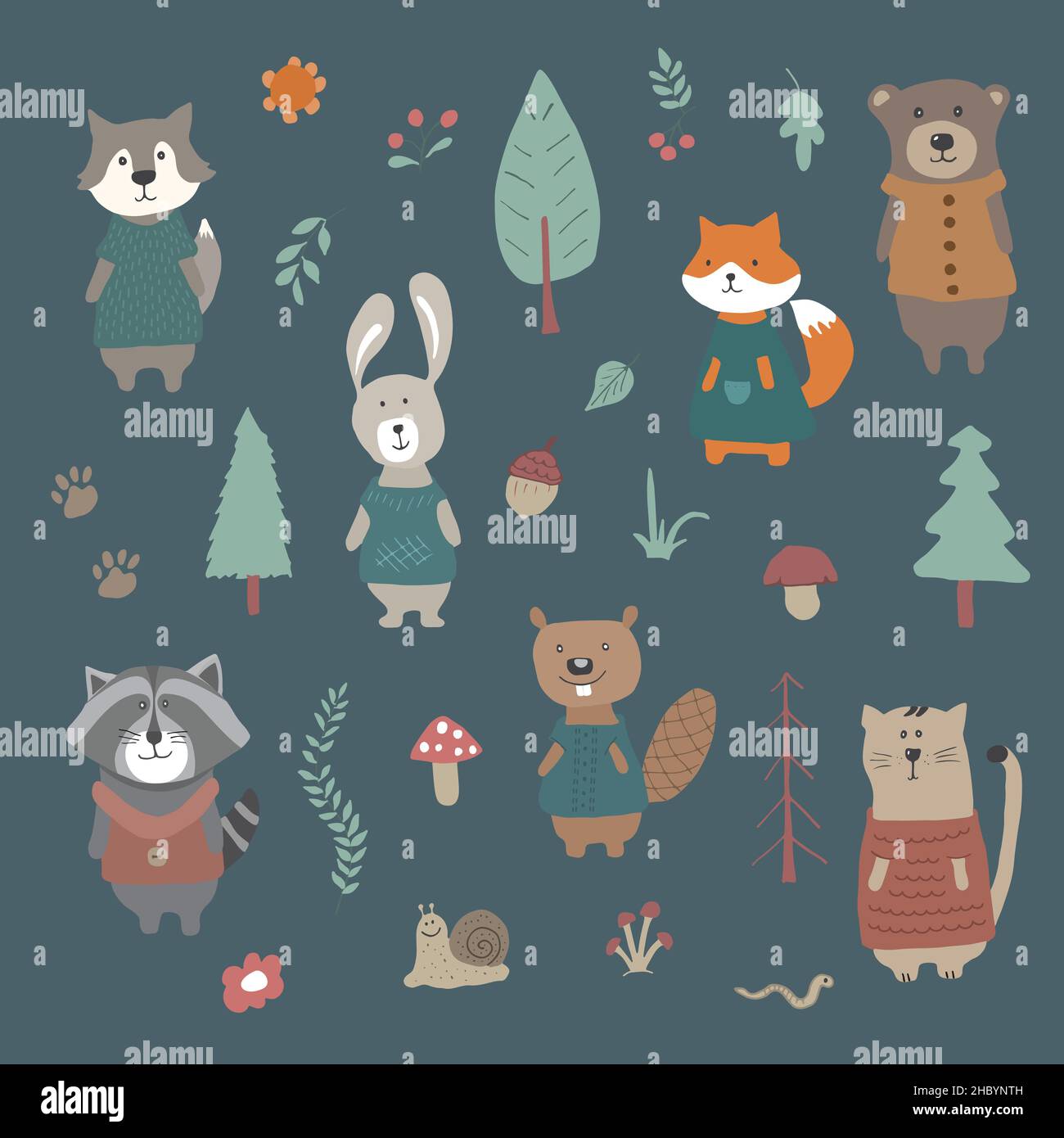 Cute Animals in clothes. Cartoon forest wildlife animals collection ...