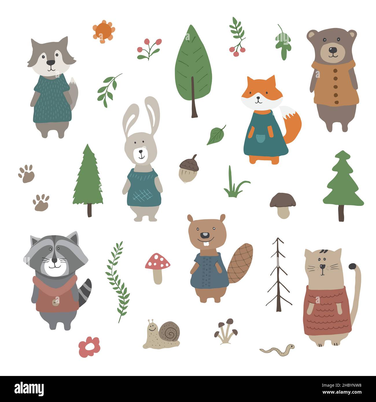 Cute Animals in clothes. Cartoon forest wildlife animals collection ...