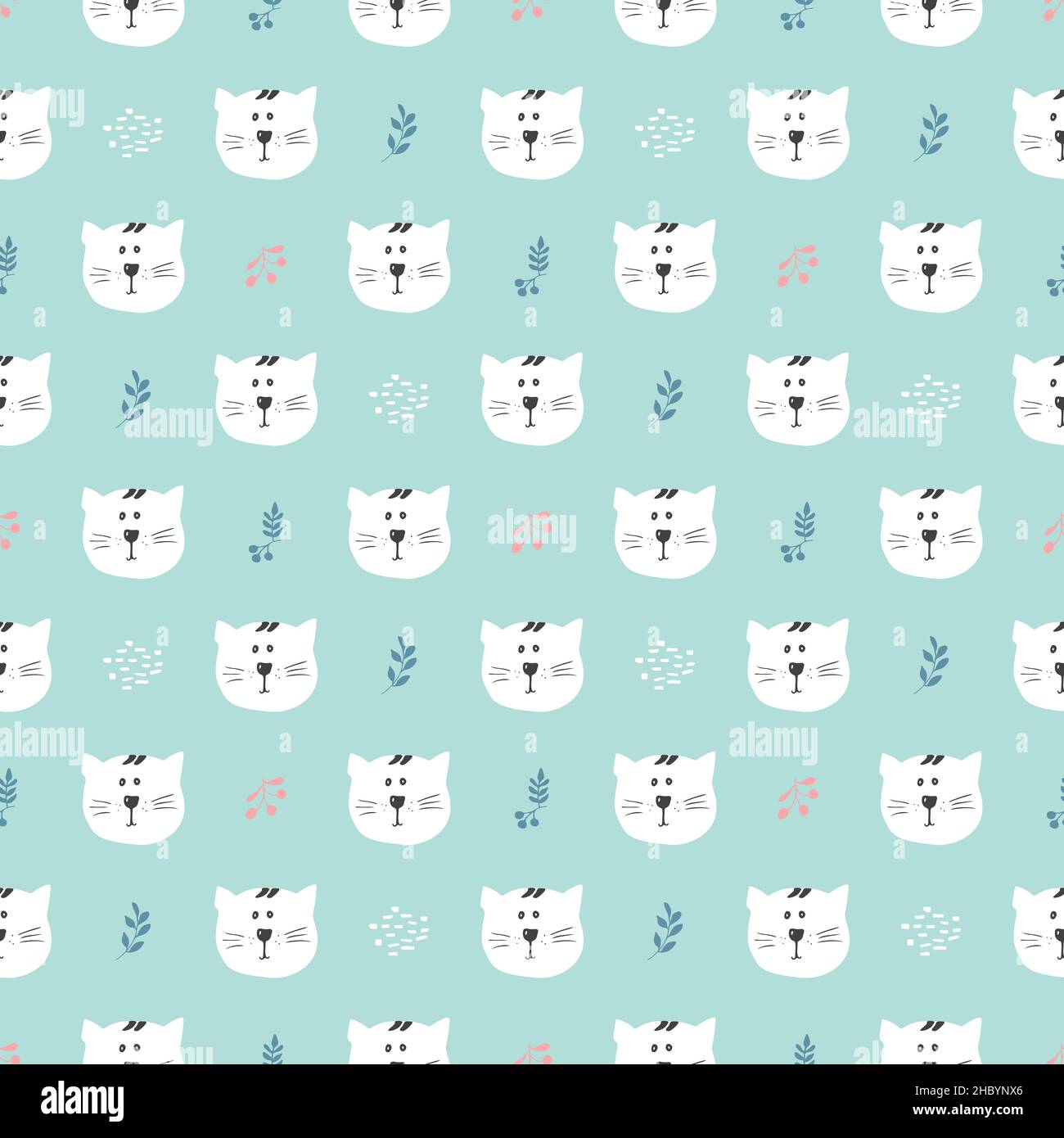 Cute Cat Seamless pattern. Cartoon Animals in forest background. Vector ...