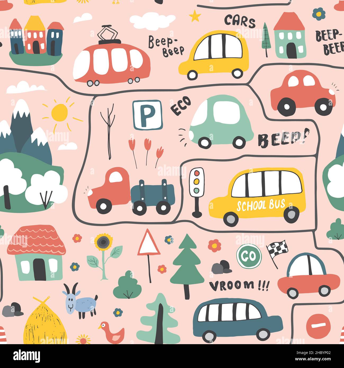 Cute Cars Seamless Pattern, Cartoon transportation Doodles Background ...