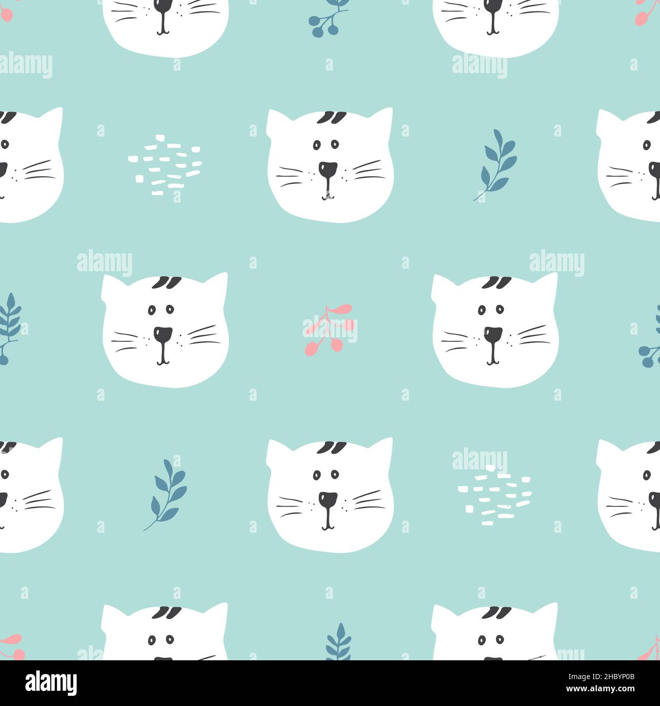 Cute Cat Seamless pattern. Cartoon Animals in forest background. Vector ...
