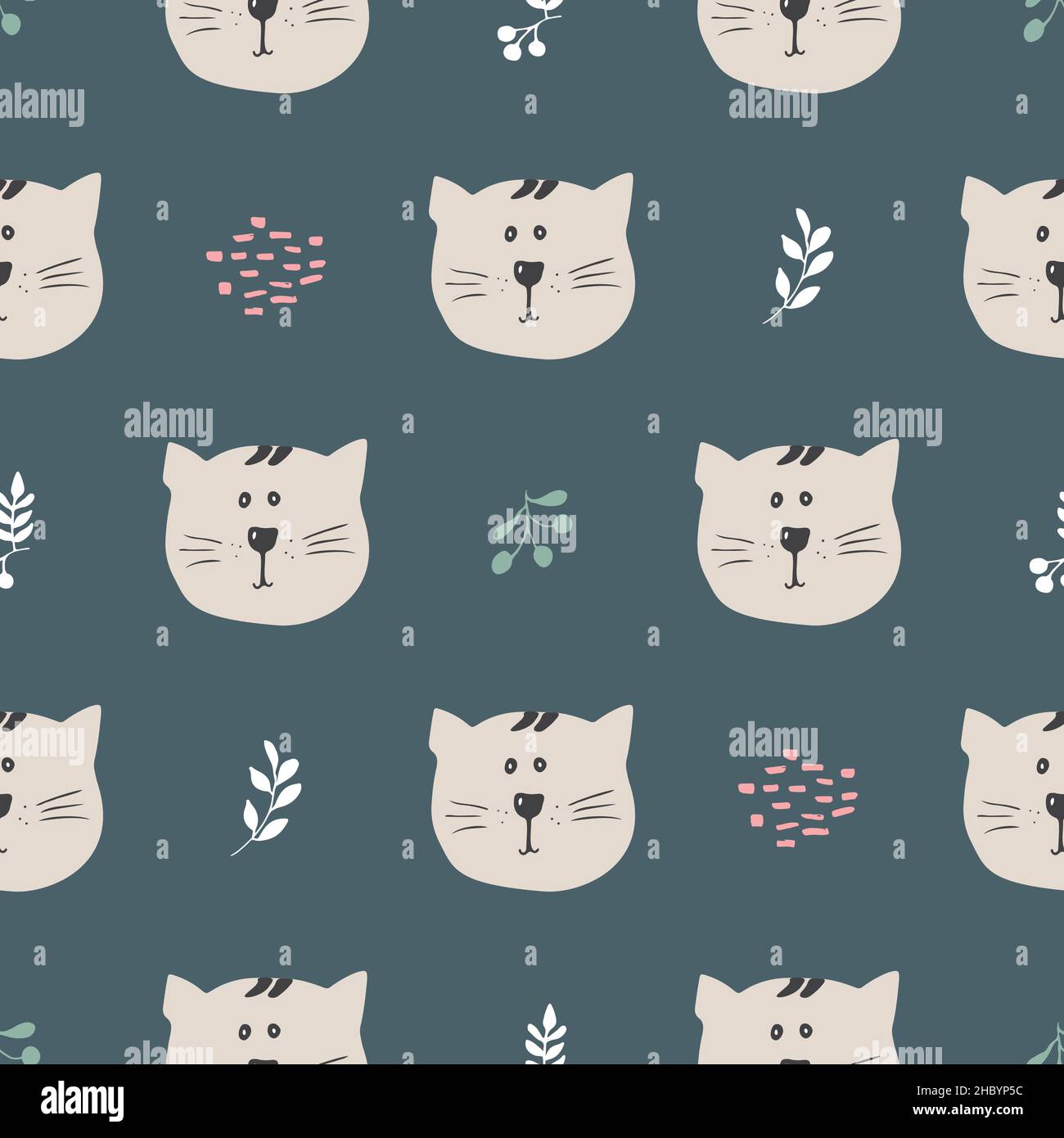 Cute Cat Seamless pattern. Cartoon Animals in forest background. Vector ...