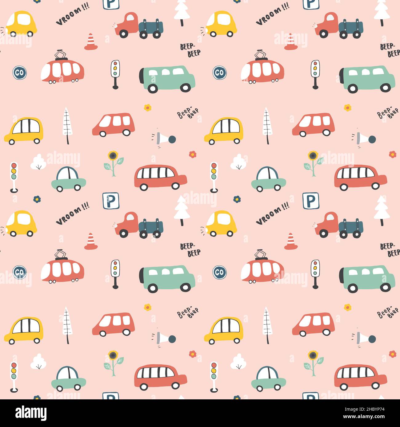 Cute Cars Seamless Pattern, Cartoon transportation Doodles Background ...